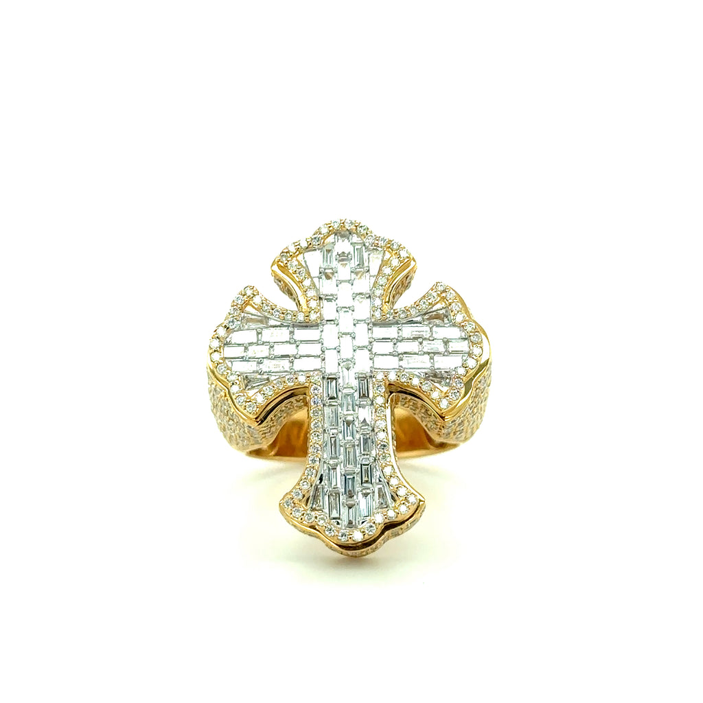 14k Yellow Gold Baguette & Round Brilliant Cut Diamond Cross Ring ...