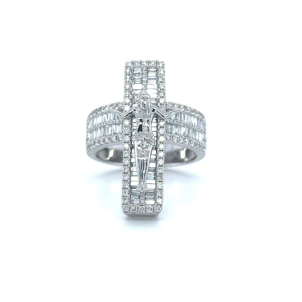 14k White Gold Baguette & Round Brilliant Cut Diamond Crucifix Ring ...