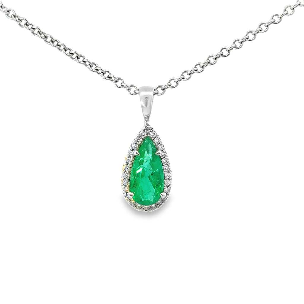 18k White Gold Pearl Emerald And Diamond Halo Pendant With DBY Chain ...