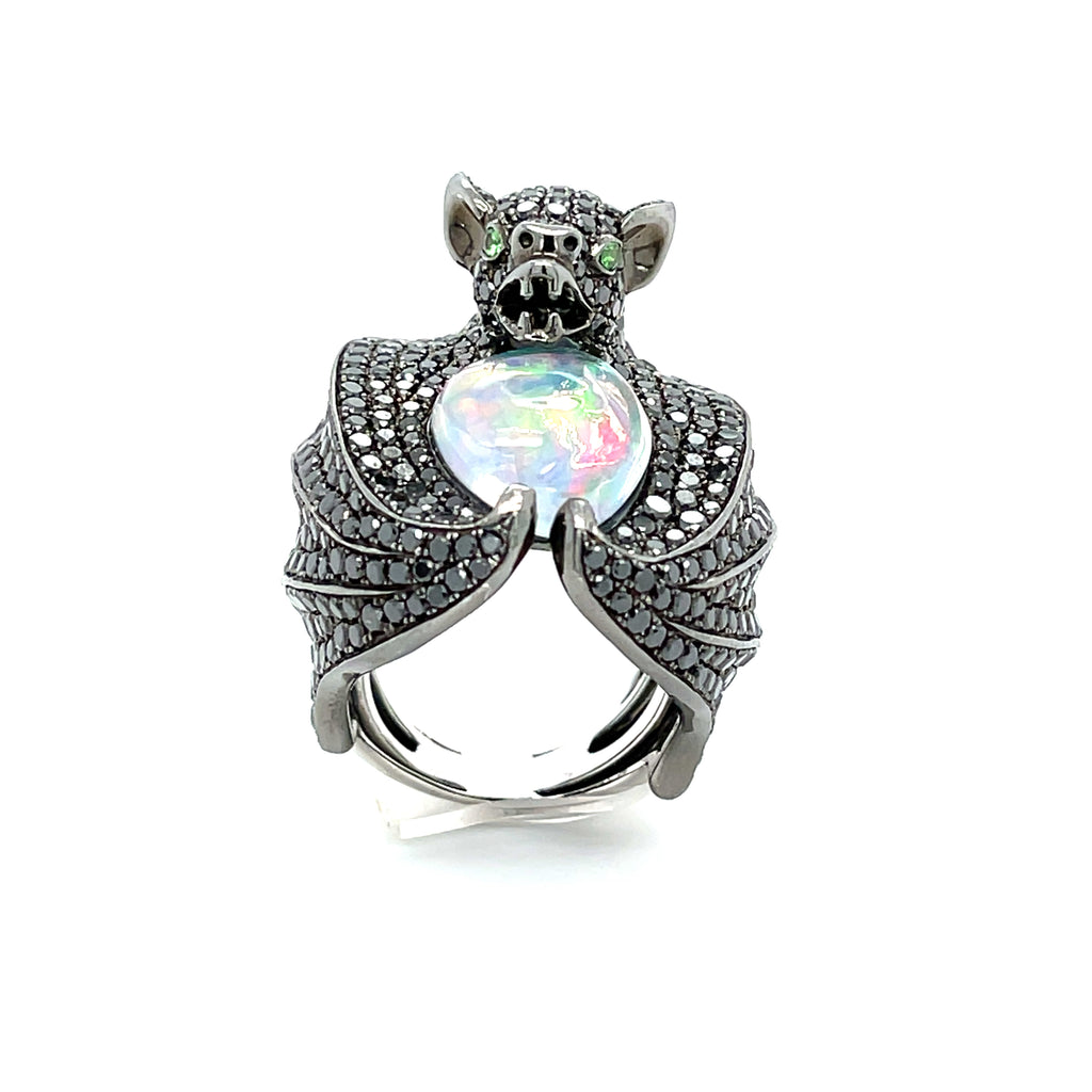 18k White Gold 9.24ctw Black Diamond "Bat" Holding 4.46ct Mexican Jell ...